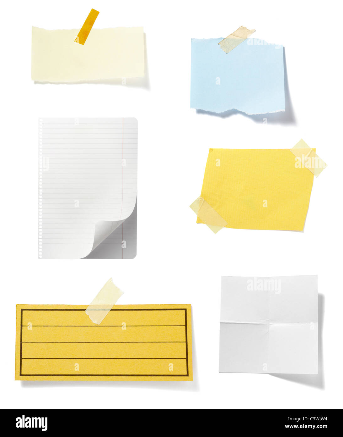 collection of various note papers on white background. each one is shot ...