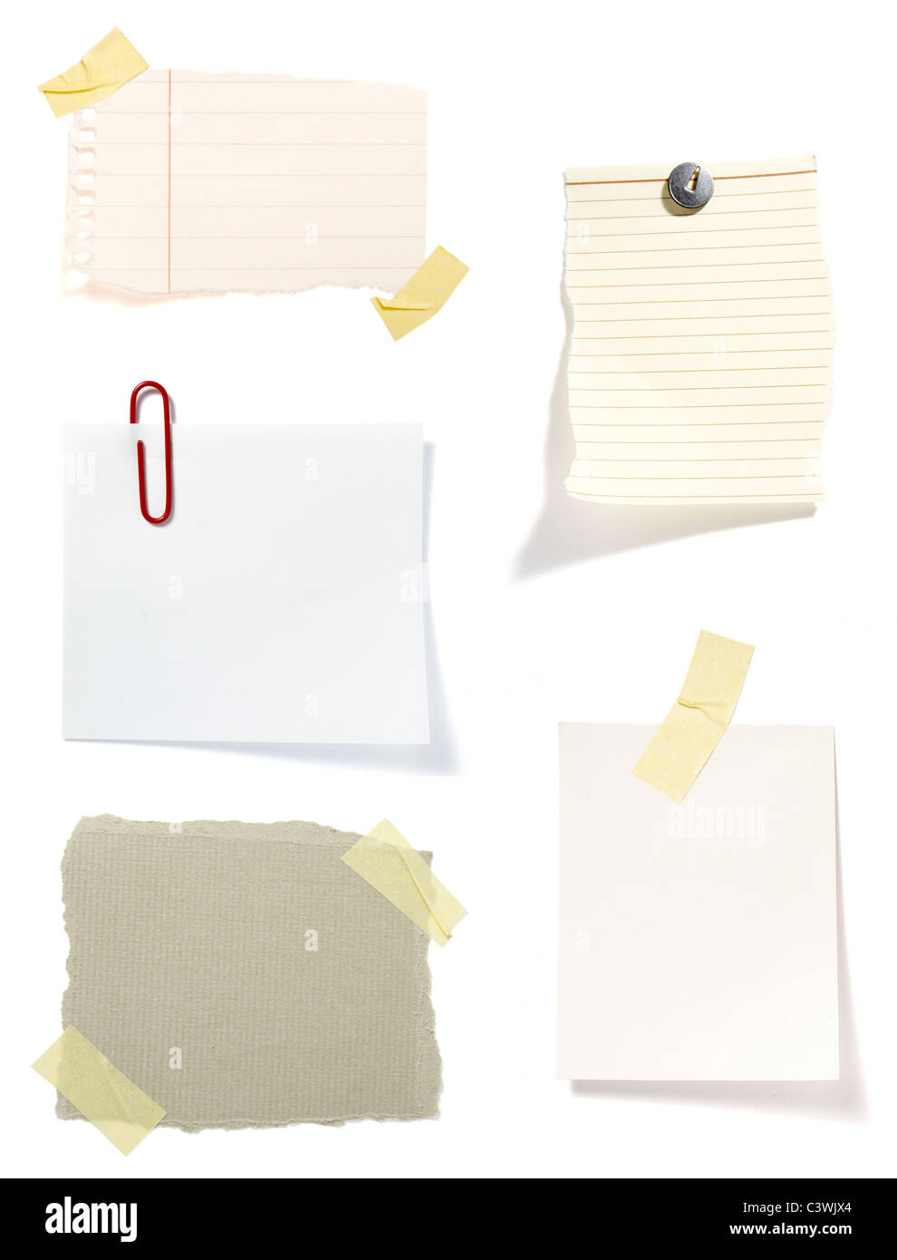collection of various note papers on white background. each one is shot ...