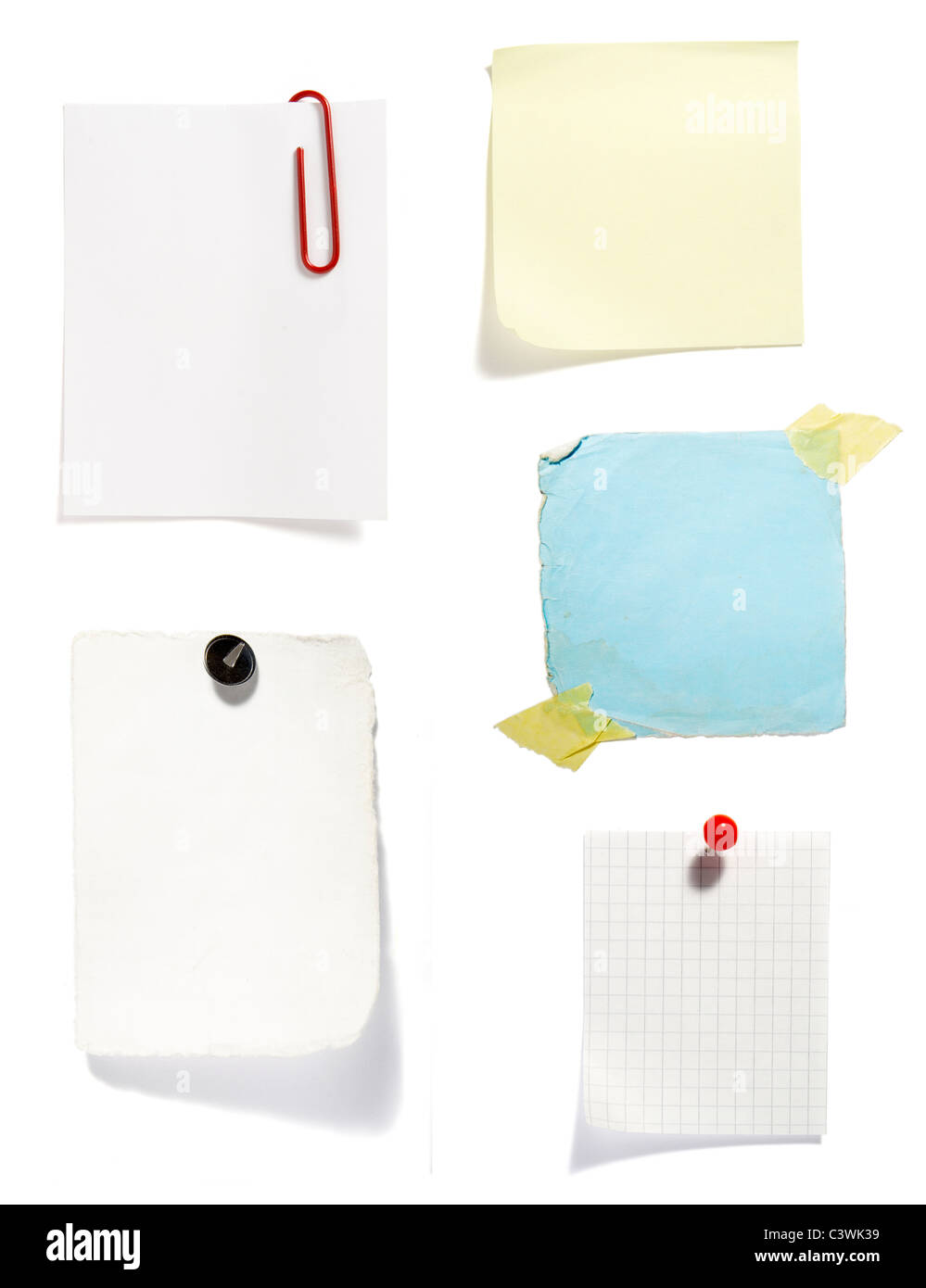 collection of various note papers on white background. each one is shot ...