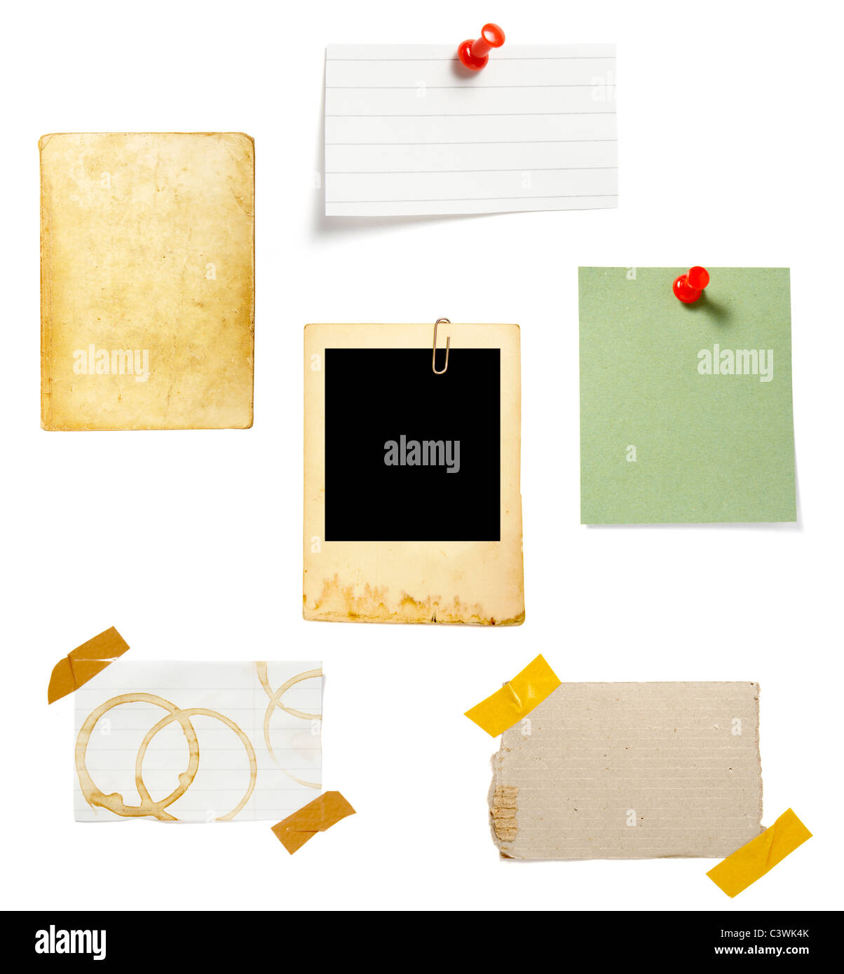 collection of various note papers on white background. each one is shot ...