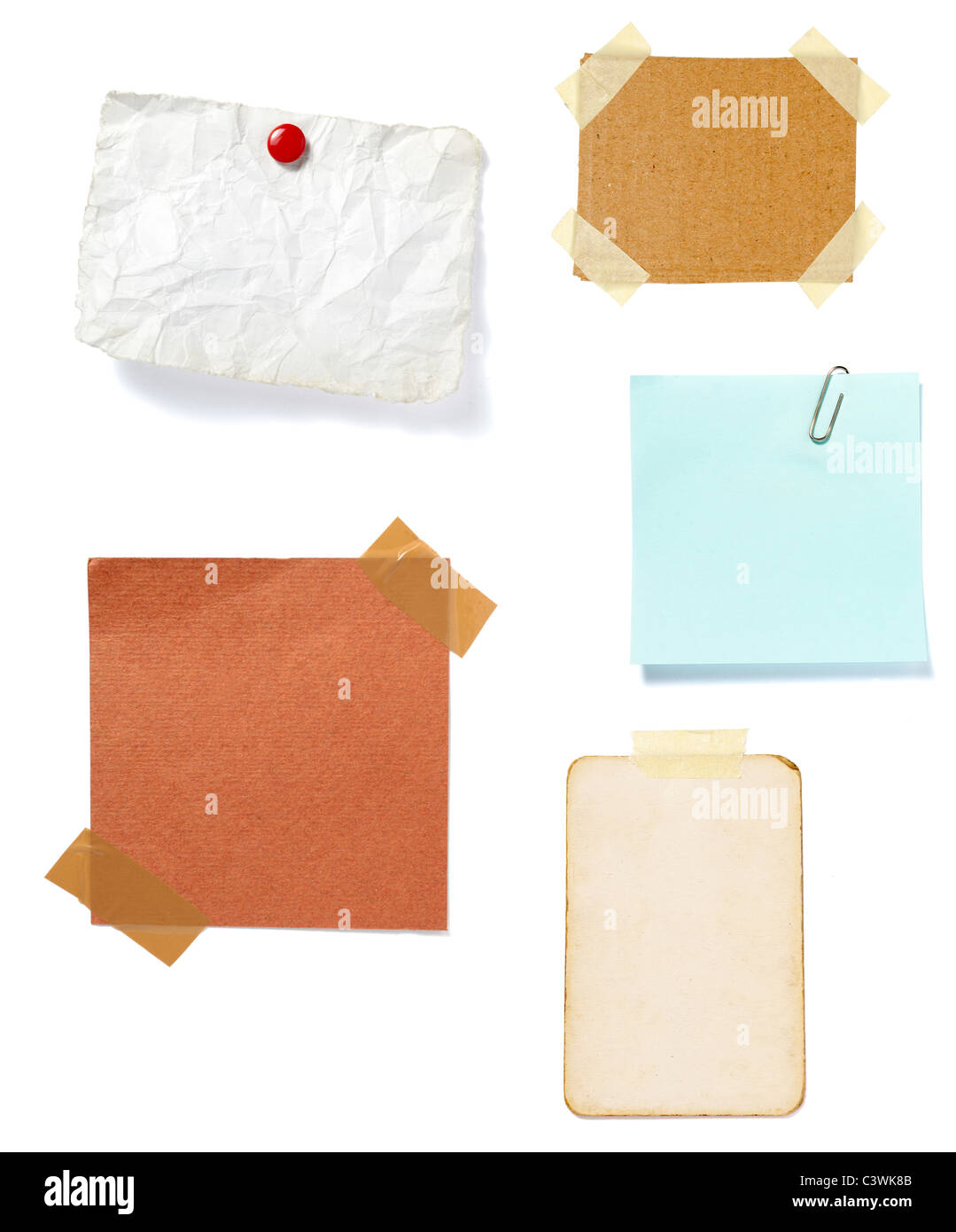 collection of various note papers on white background. each one is shot ...