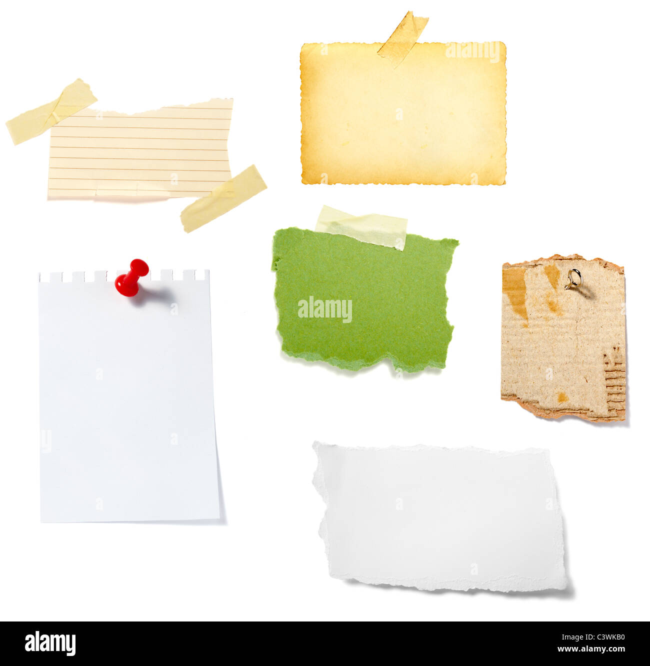 collection of various note papers on white background. each one is shot ...