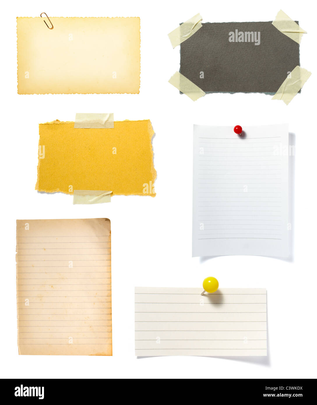 collection of various note papers on white background. each one is shot ...