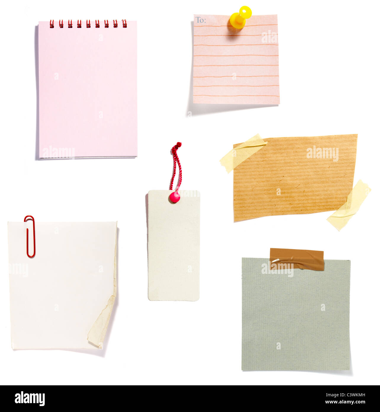 collection of various note papers on white background. each one is shot ...