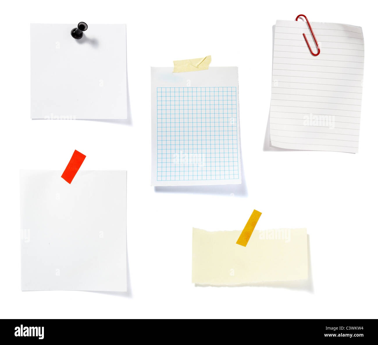 collection of various note papers on white background. each one is shot ...