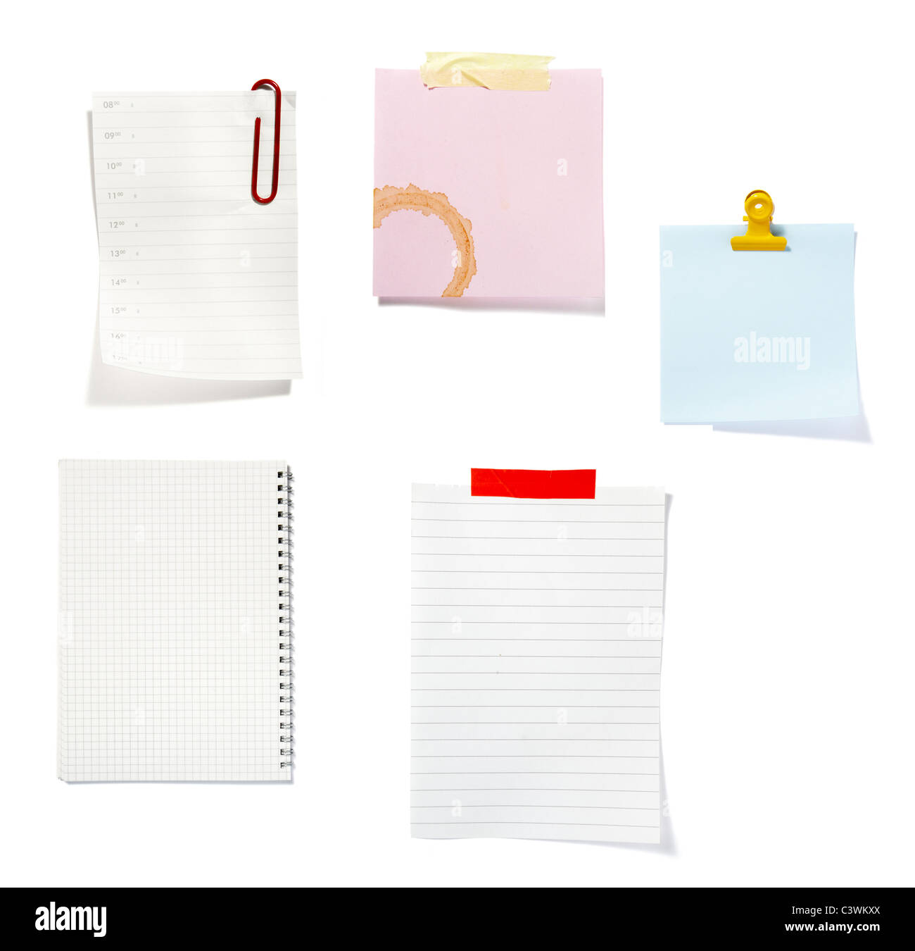 collection of various note papers on white background. each one is shot ...