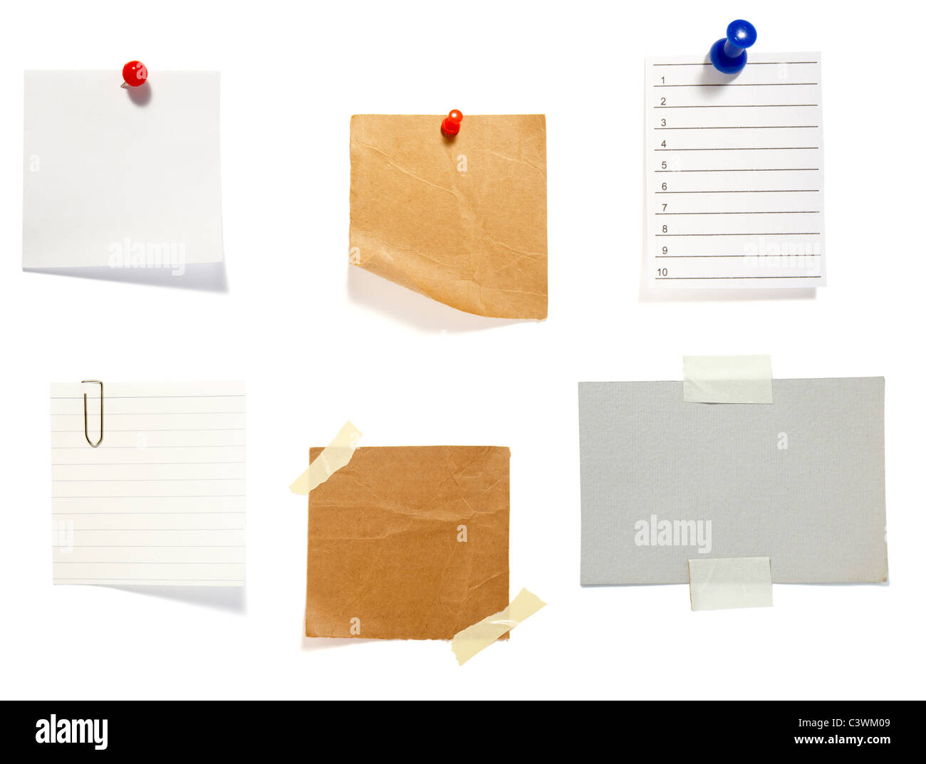 collection of various note papers on white background. each one is shot ...