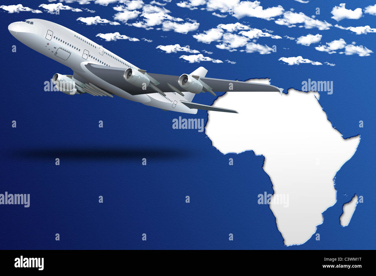MAp of Africa with airplane taking off and fluffy clouds over blue ...