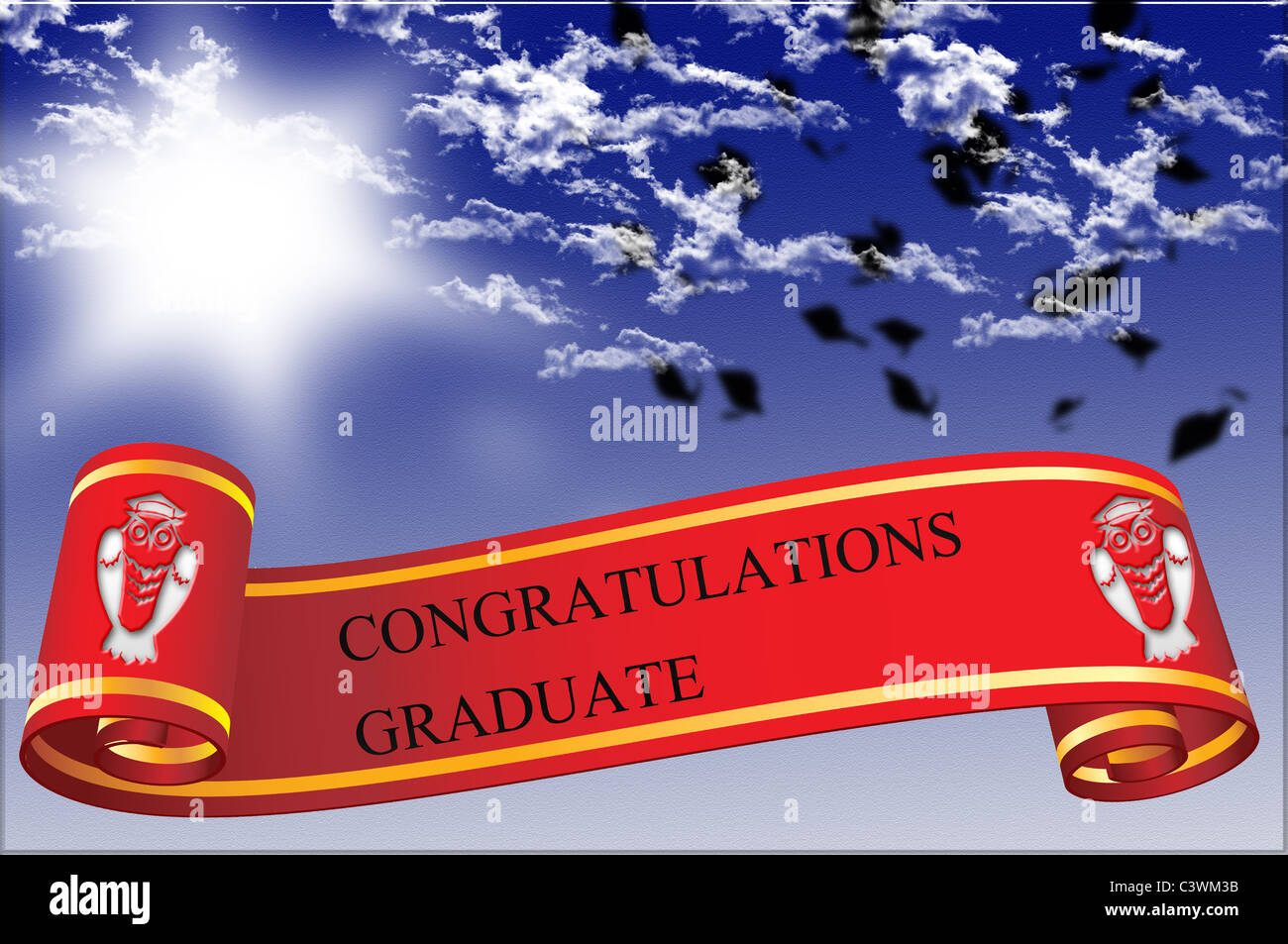 Student graduation hats over sunny blue sky background with fluffy ...