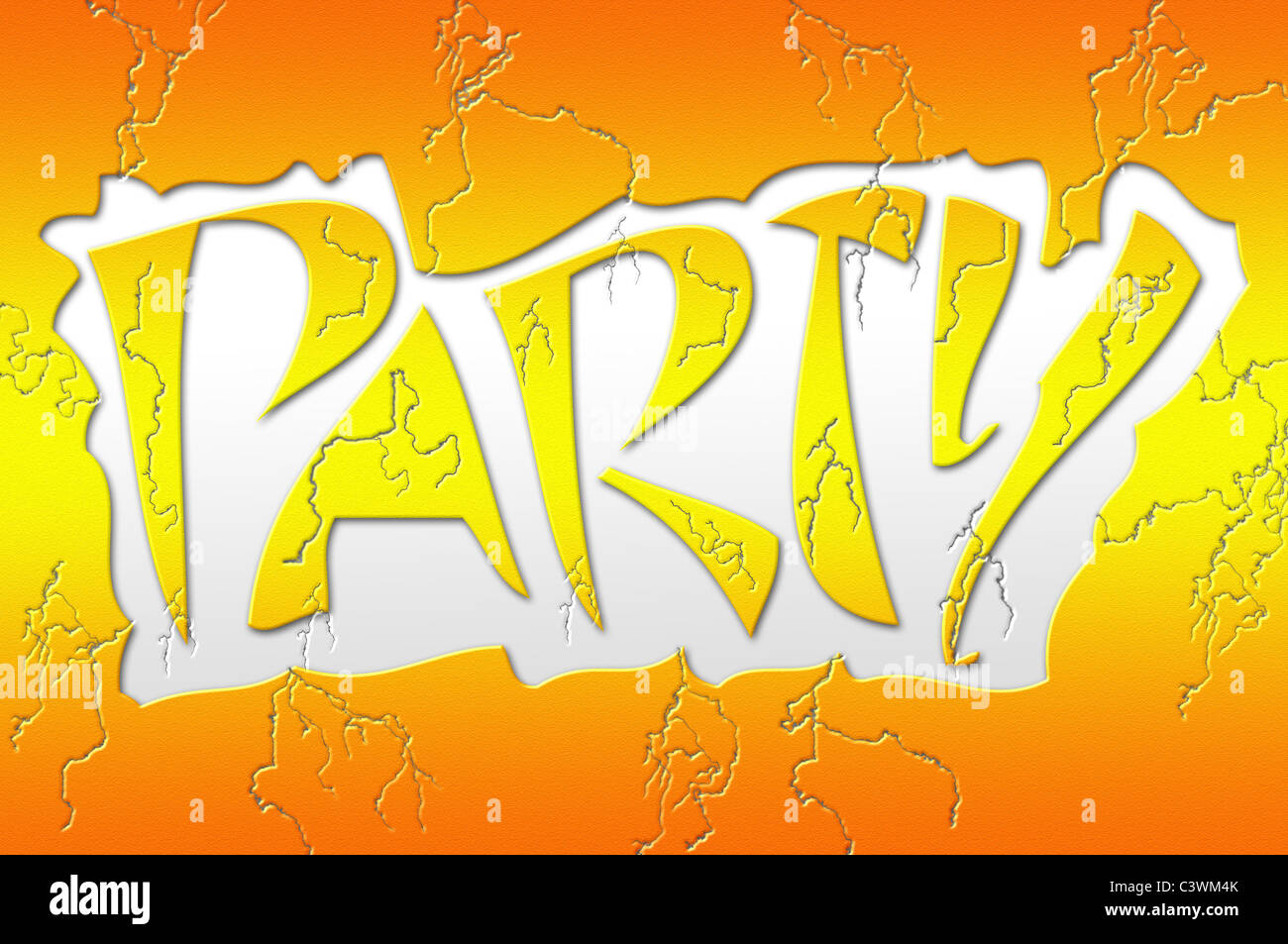 Party banner over yellow/orange background with cracks Stock Photo - Alamy