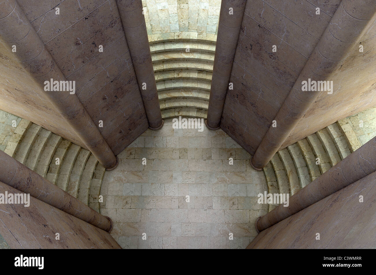 Three staircases leading into a round court Stock Photo - Alamy