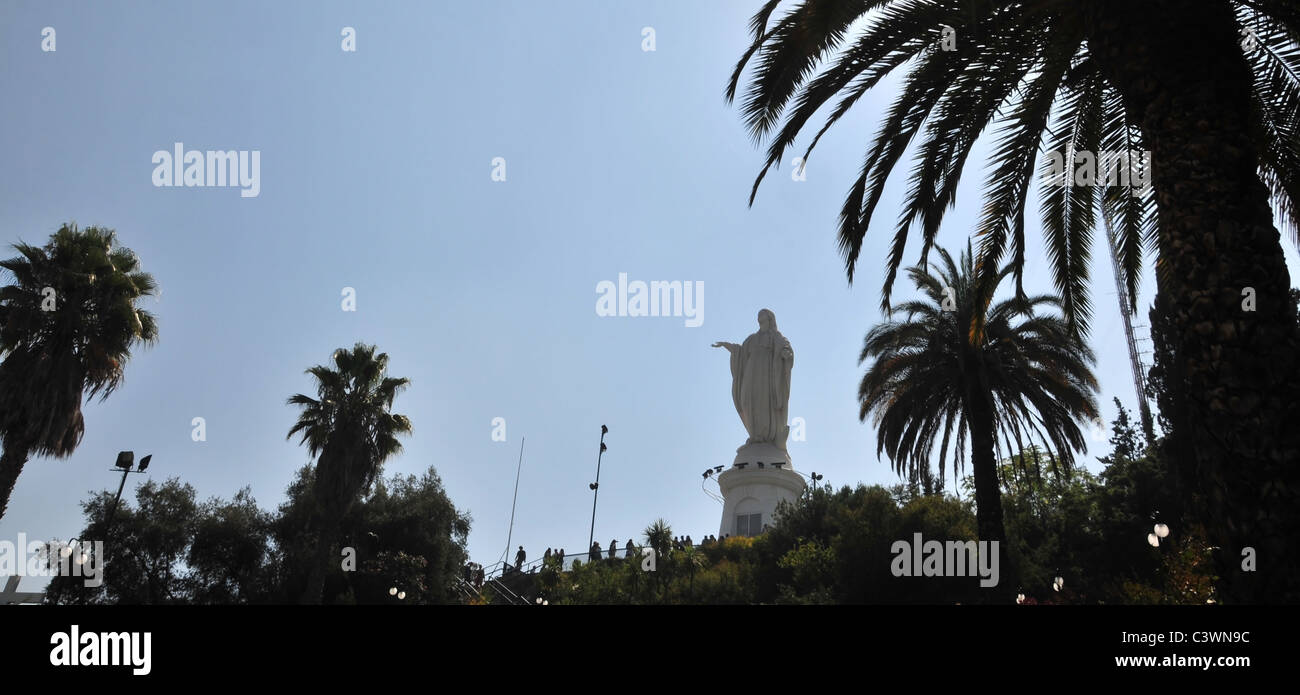 Blue sky palm tree view of the Statue of the Virgin Mary, summit San ...