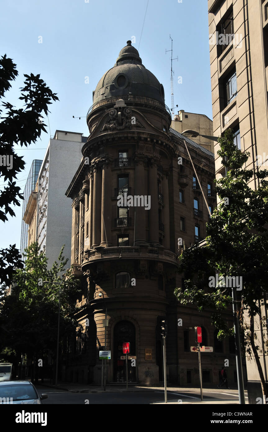 Blue sky view neo-classical architecture BBVA Bank building and modern ...