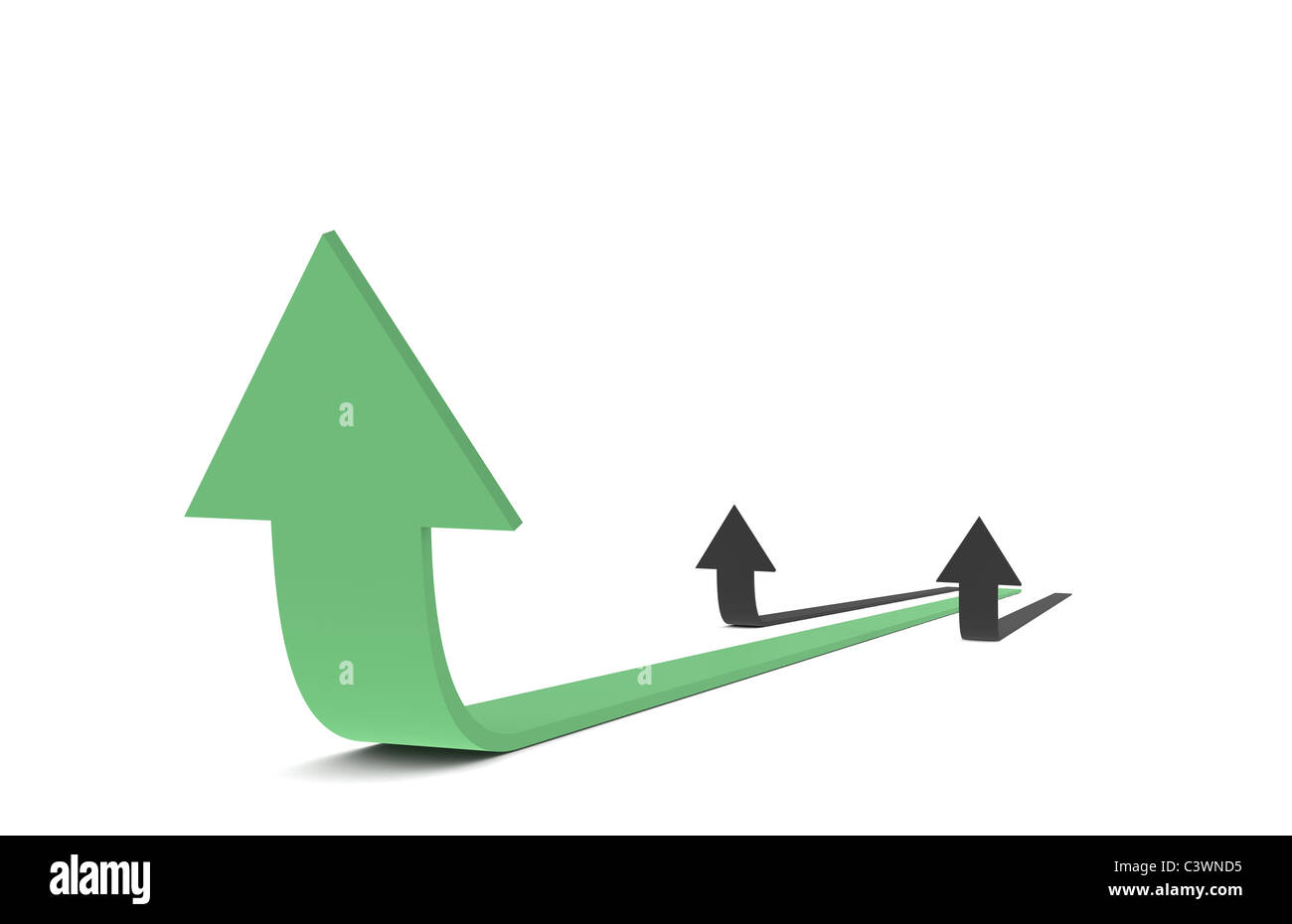 Three arrows in line. One Green Leader Stock Photo - Alamy