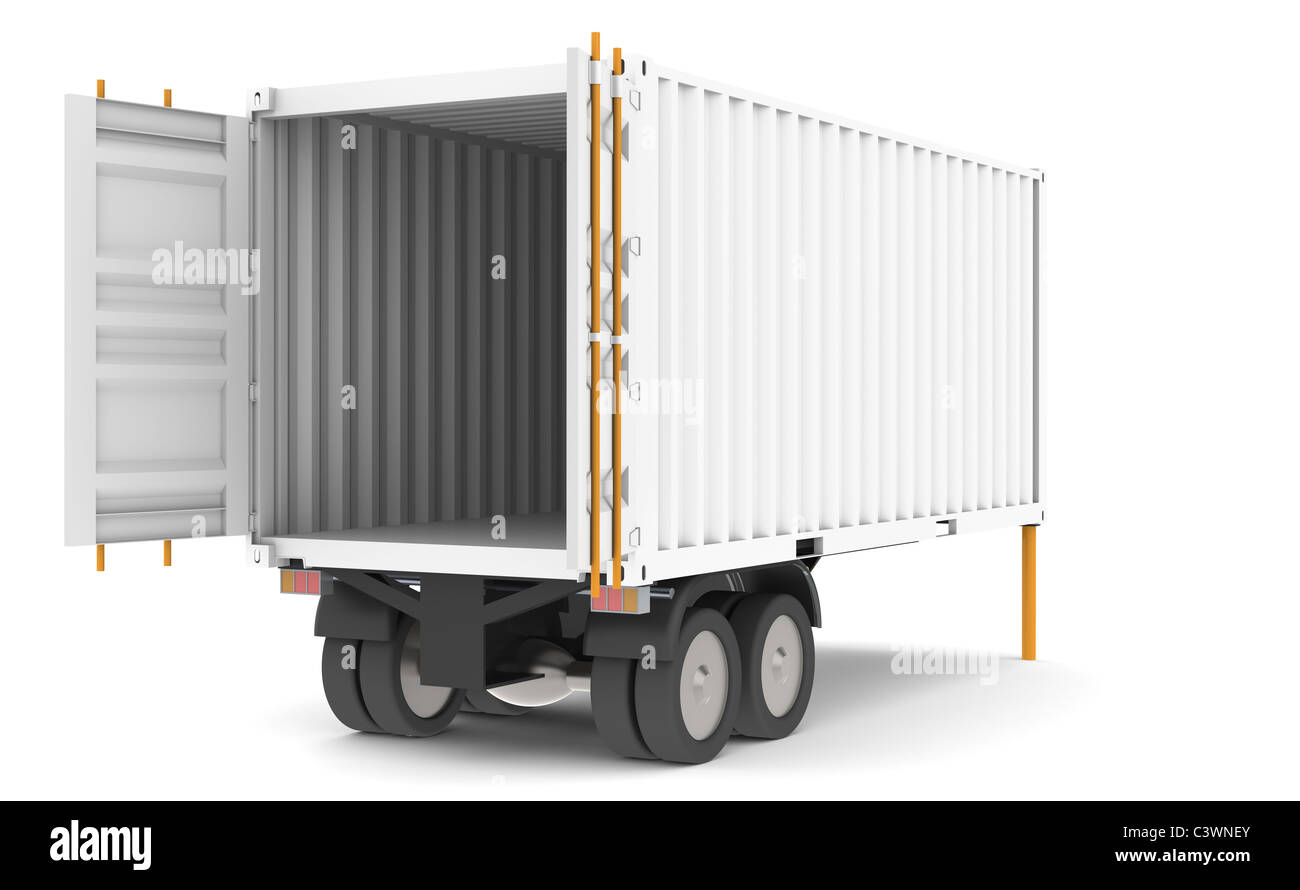 Container Trailer. Open and empty Container Trailer. Part of warehouse ...