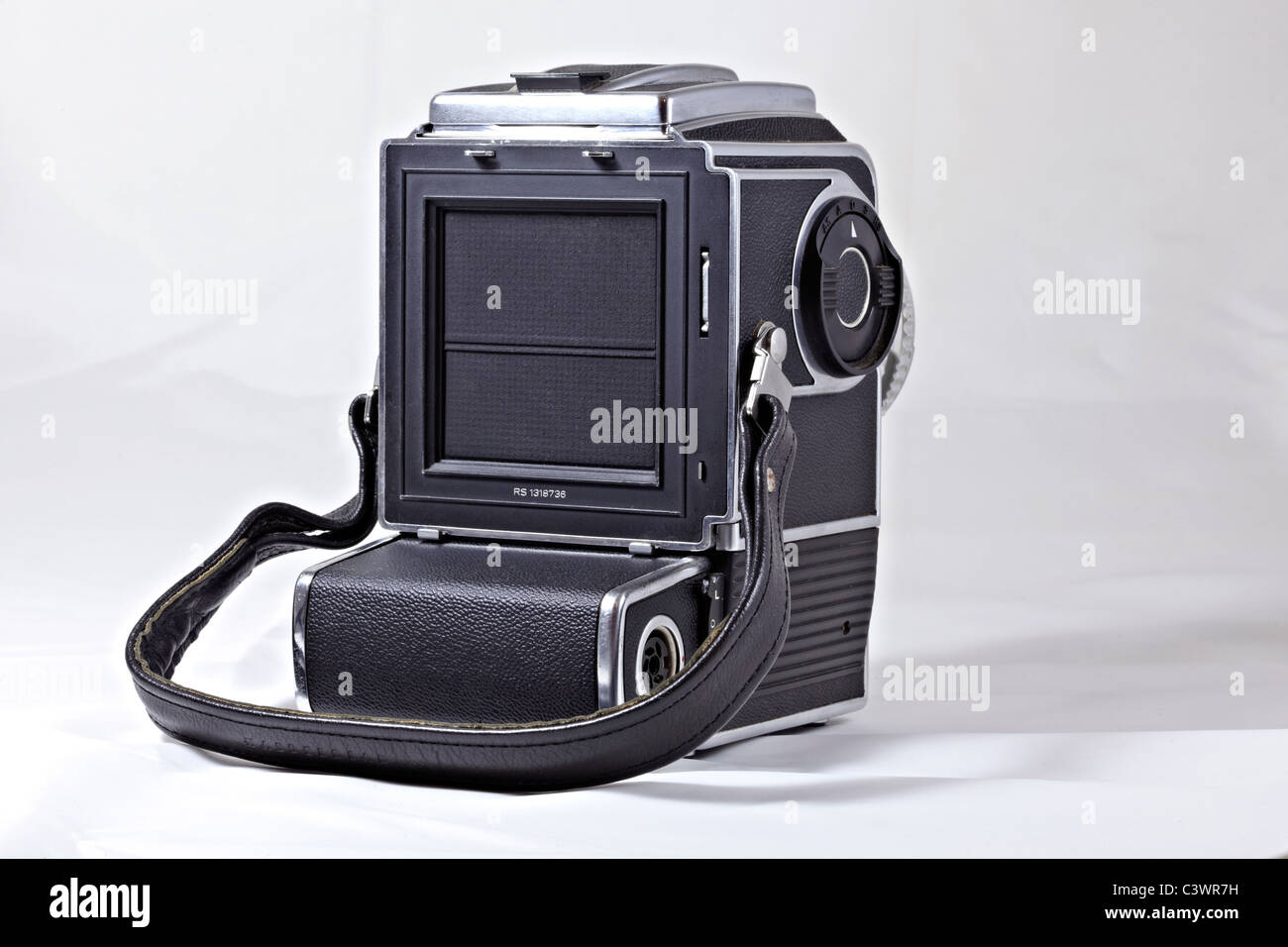 Classic film camera. Rear view of the shutter curtain on a Hasselblad ...