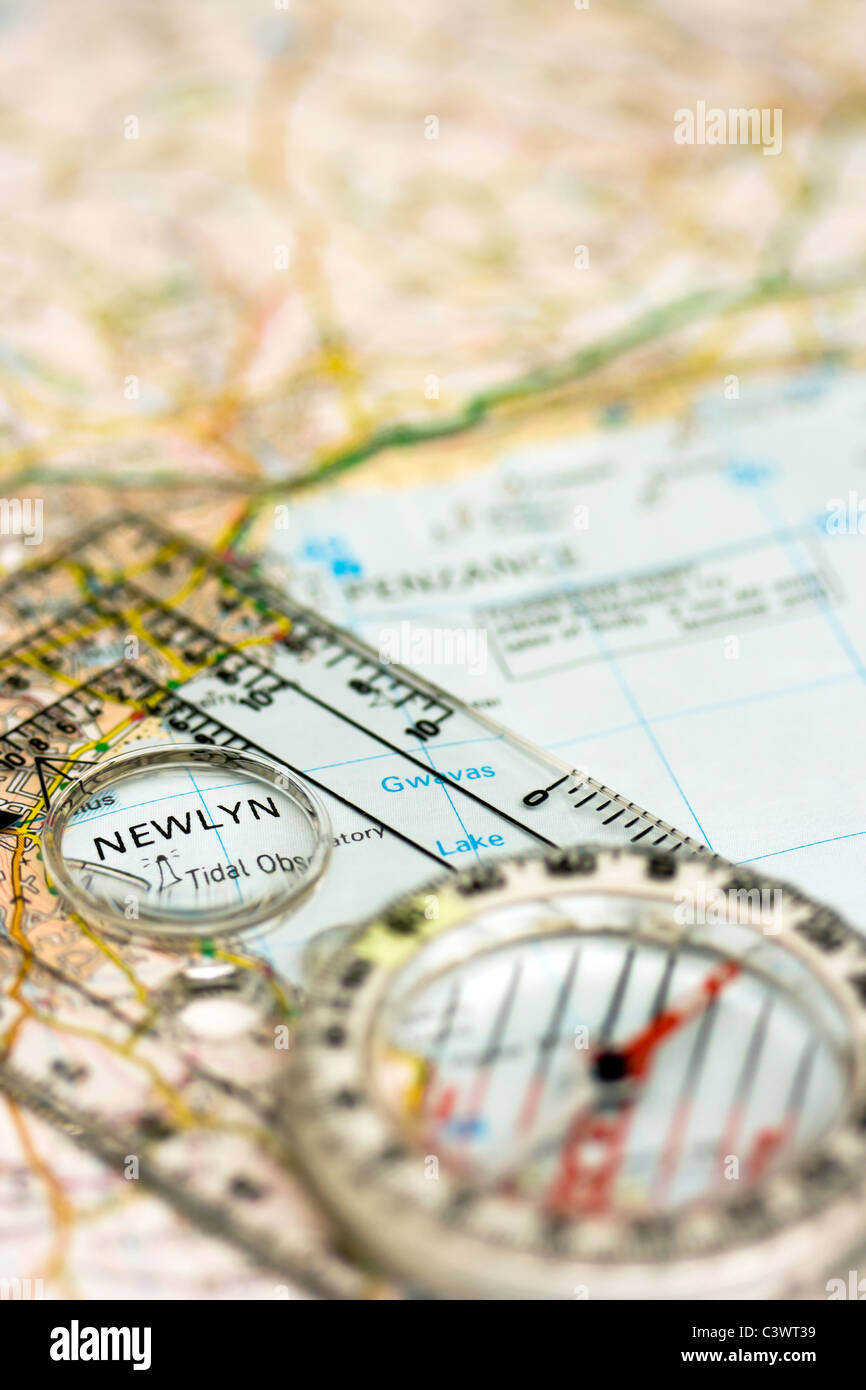 Close up view of a map with a compass magnifying the Cornish resort of ...