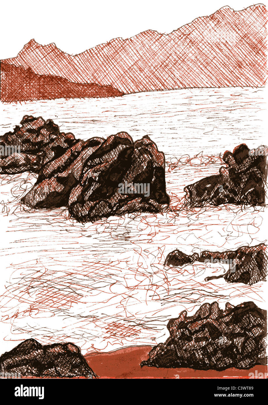 Rough ink sketch of a rocky coastline in Portugal Stock Photo - Alamy