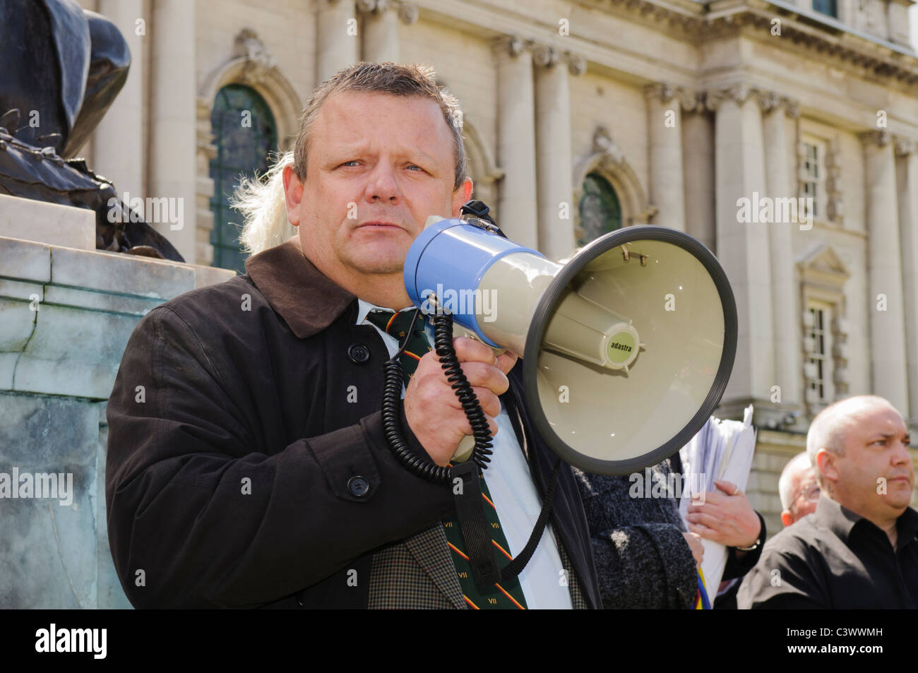Michael Copeland, UUP MLA for East Belfast addresses a crowd using a ...