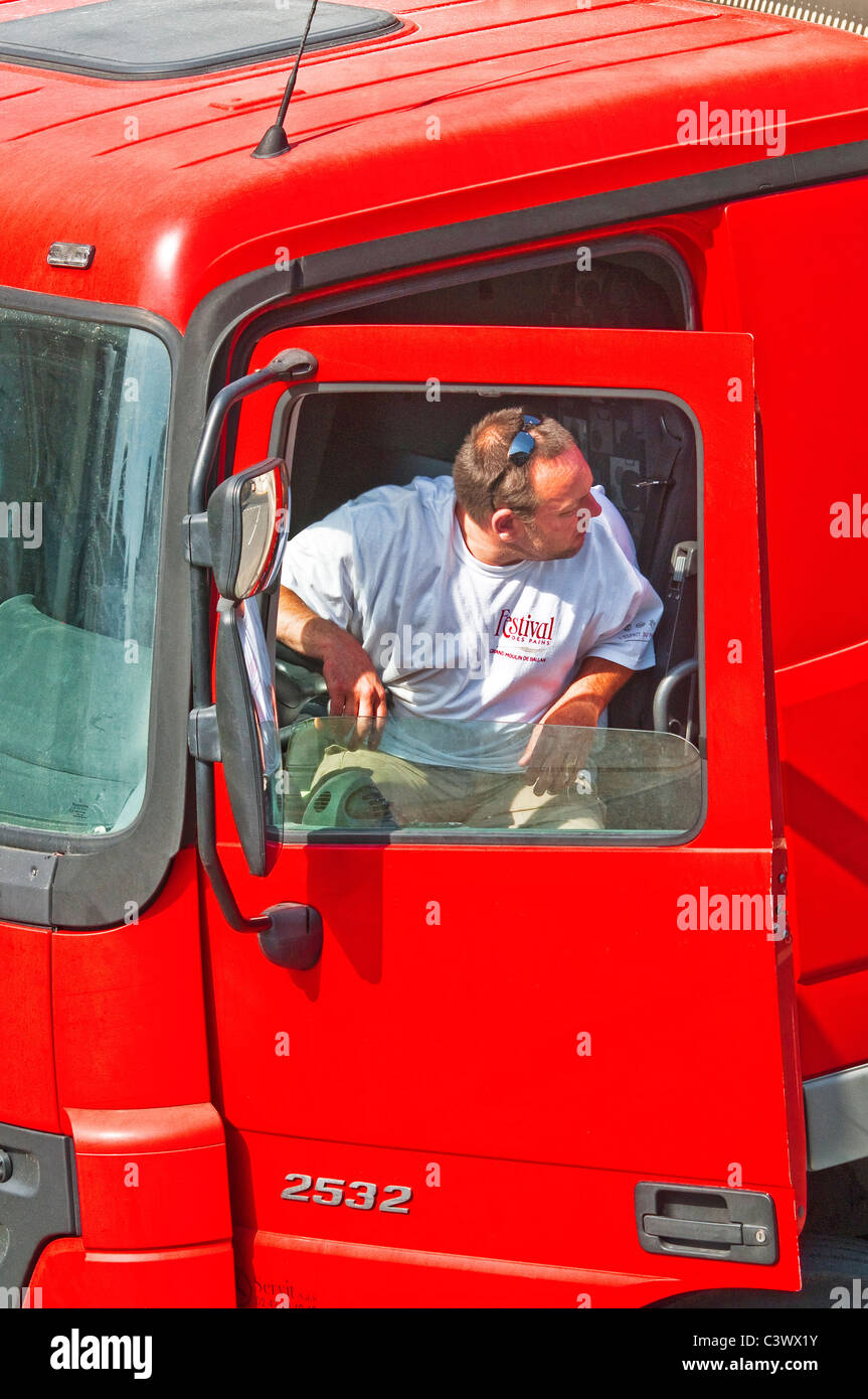 Lorry driver in cab of HGV in traffic jam - France Stock Photo - Alamy