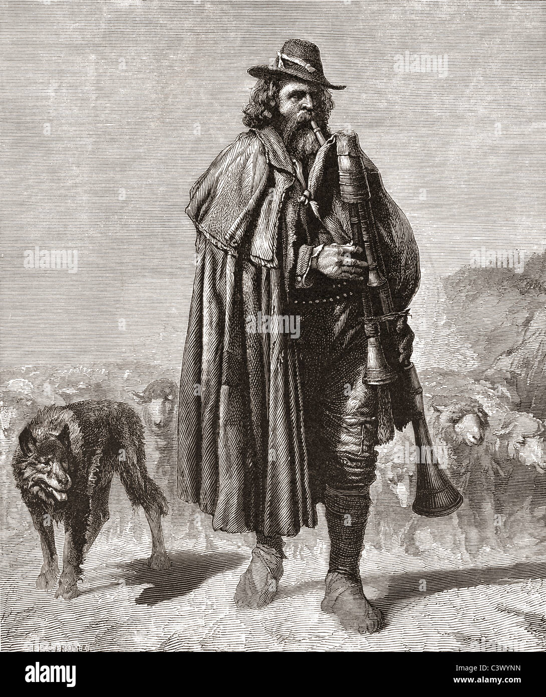 A shepherd from Ostia, Rome in the late 19th century, playing a type of ...