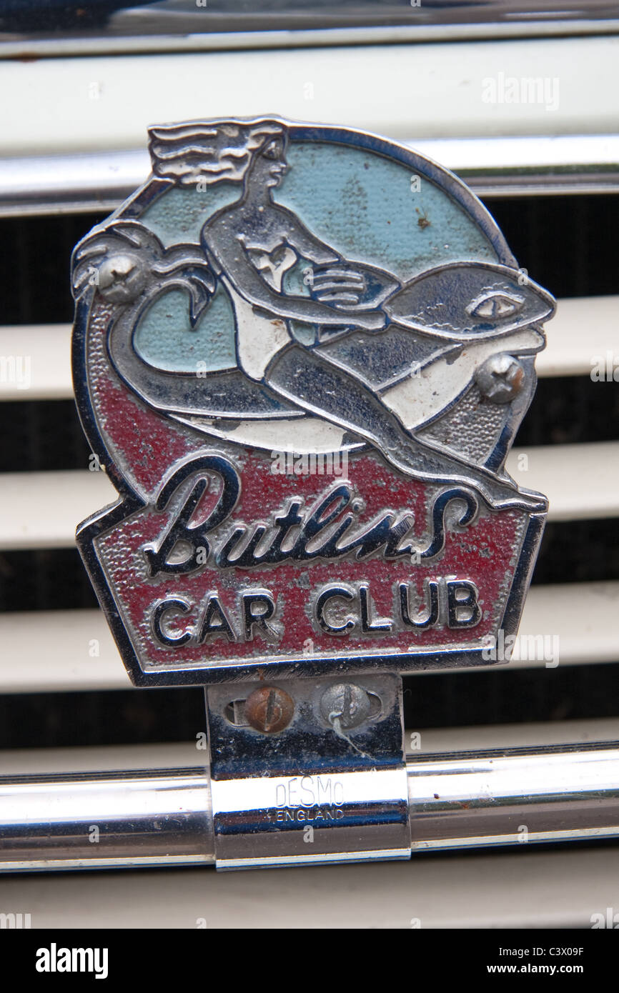 Old Butlins Car Club car badge on classic Morris Minor Stock Photo - Alamy