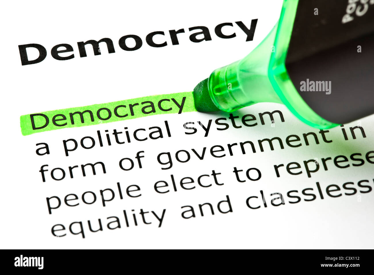 The word 'Democracy' highlighted in green with felt tip pen Stock Photo ...