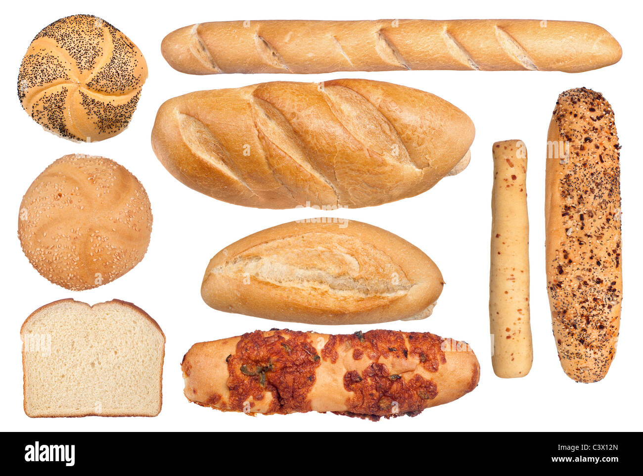 A collection of bread types including jalapeño, baguettes, kaiser ...