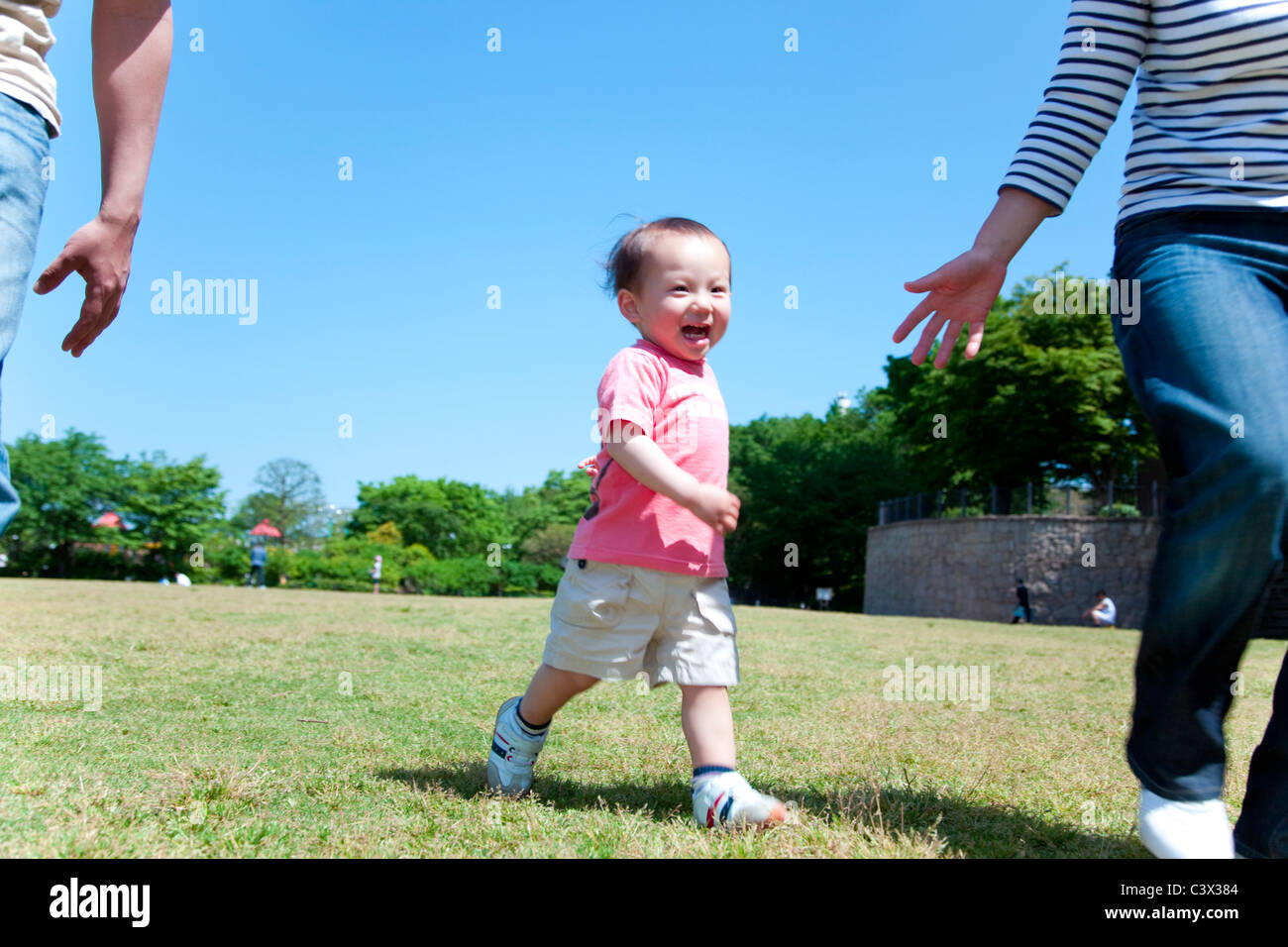 Baby Boy Walking in Park with Parents Stock Photo - Alamy