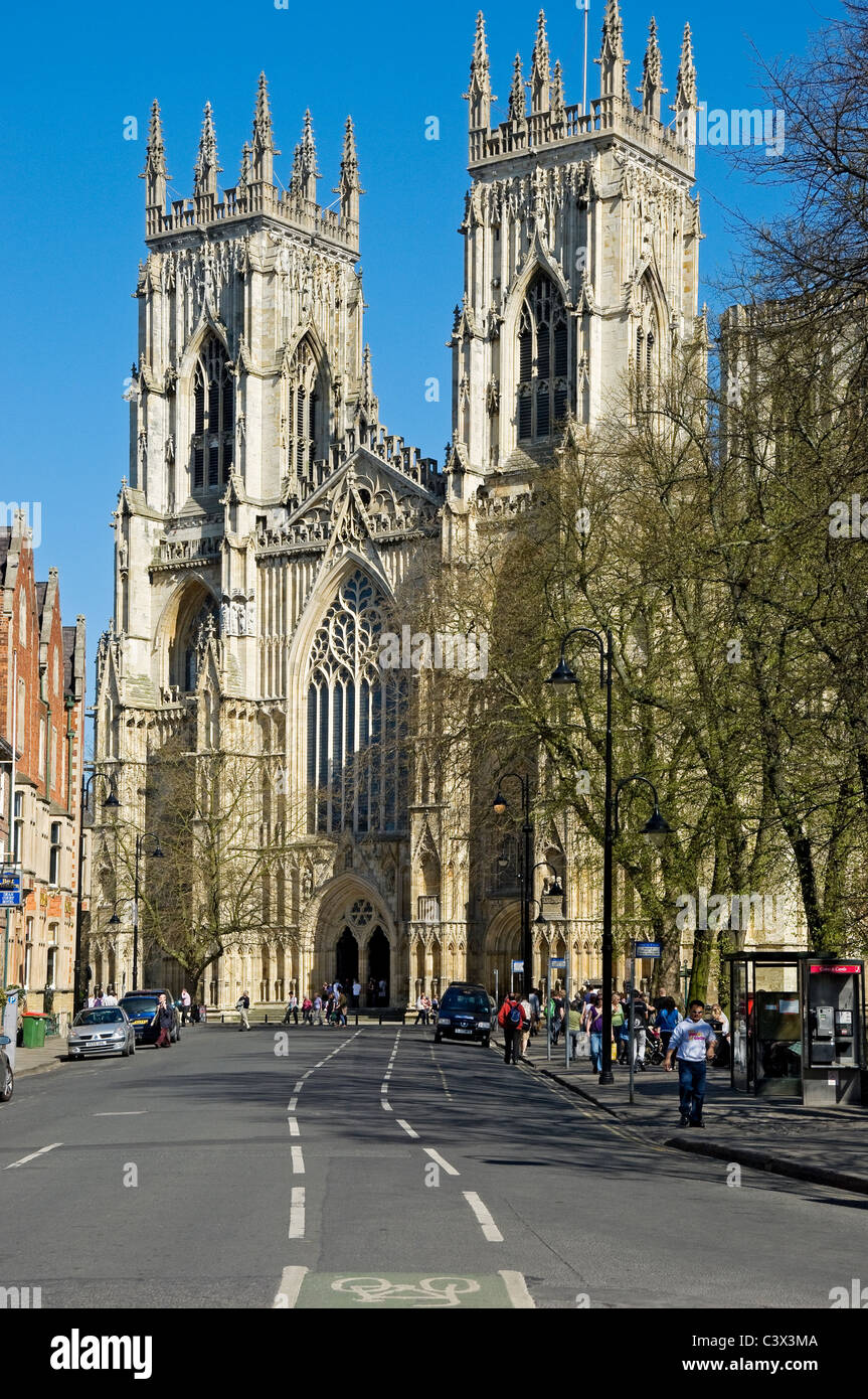 West front towers of York Minster in spring from Duncombe Place York ...