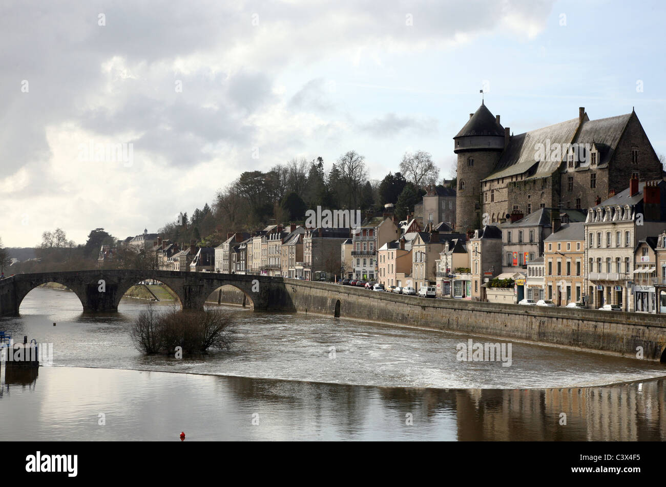 Laval - View of Chateau de Laval and ancient stone arched bridge ...