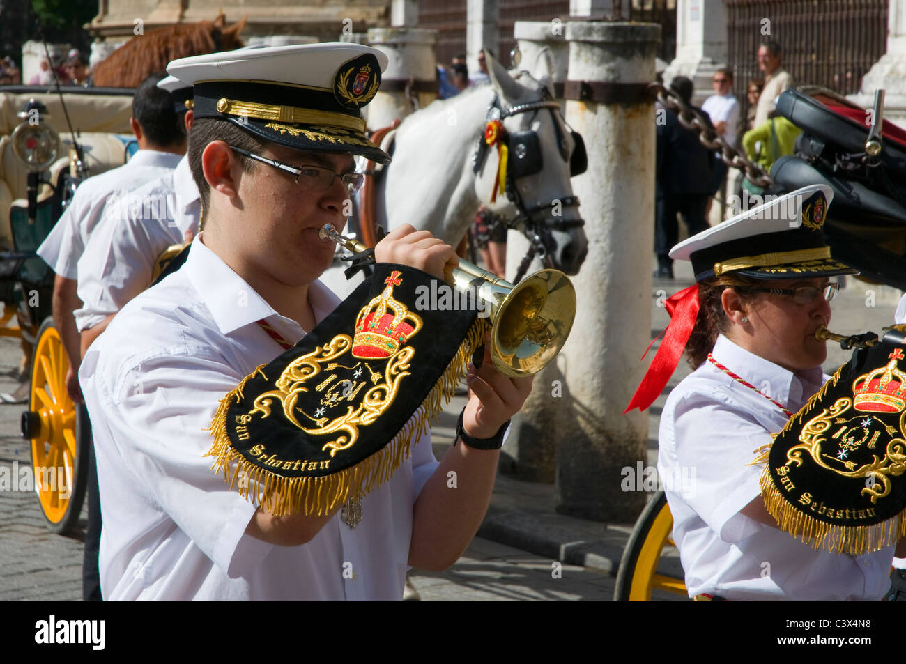 Musicians taking part in a religious procession, Seville, Andalusia ...