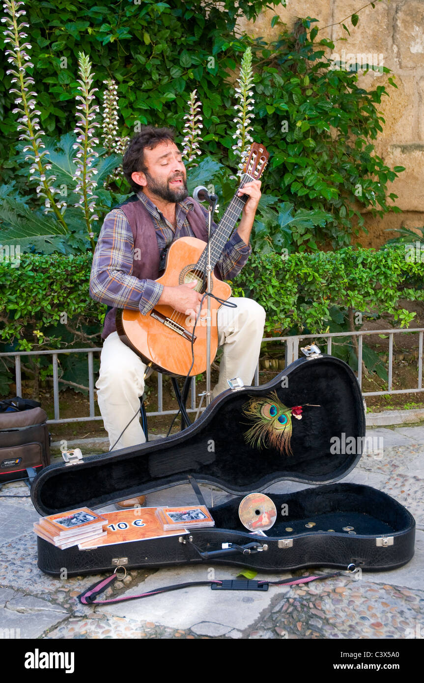 A busker singing and playing the Spanish guitar outside the castle in ...
