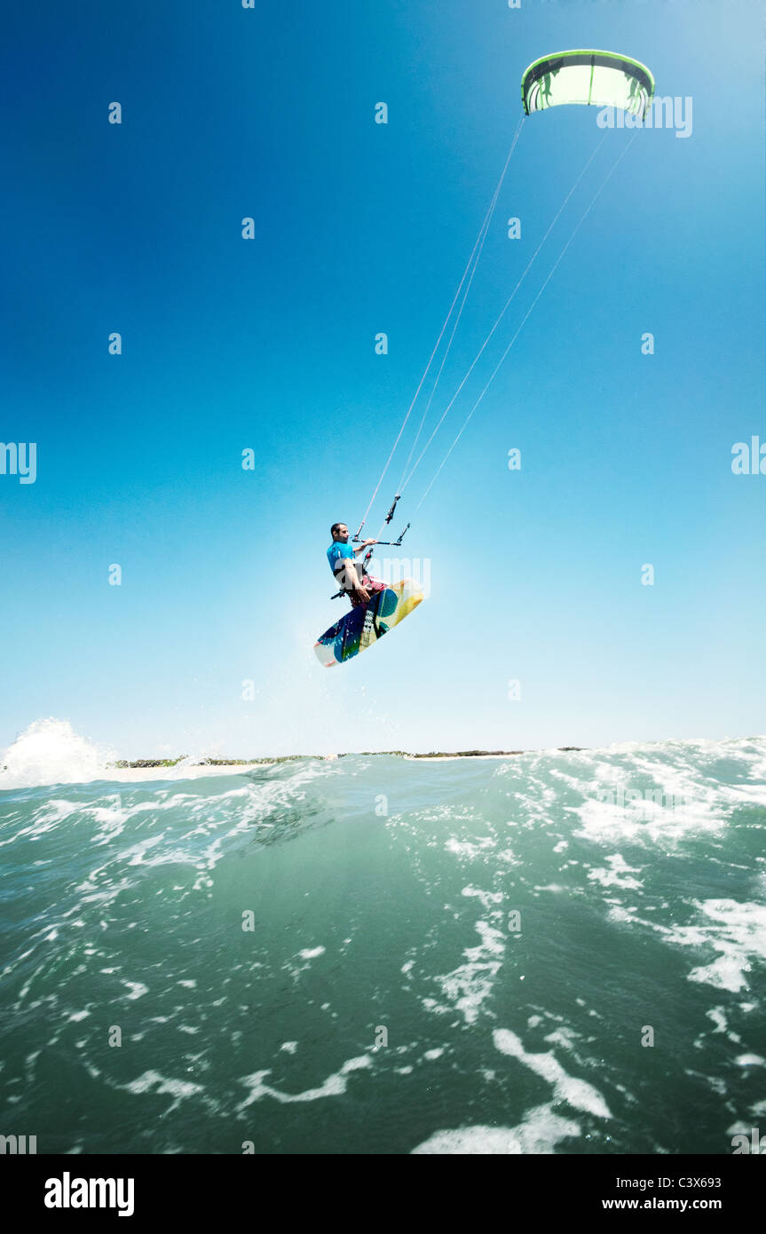 Man kiteboarding, big jump Stock Photo - Alamy