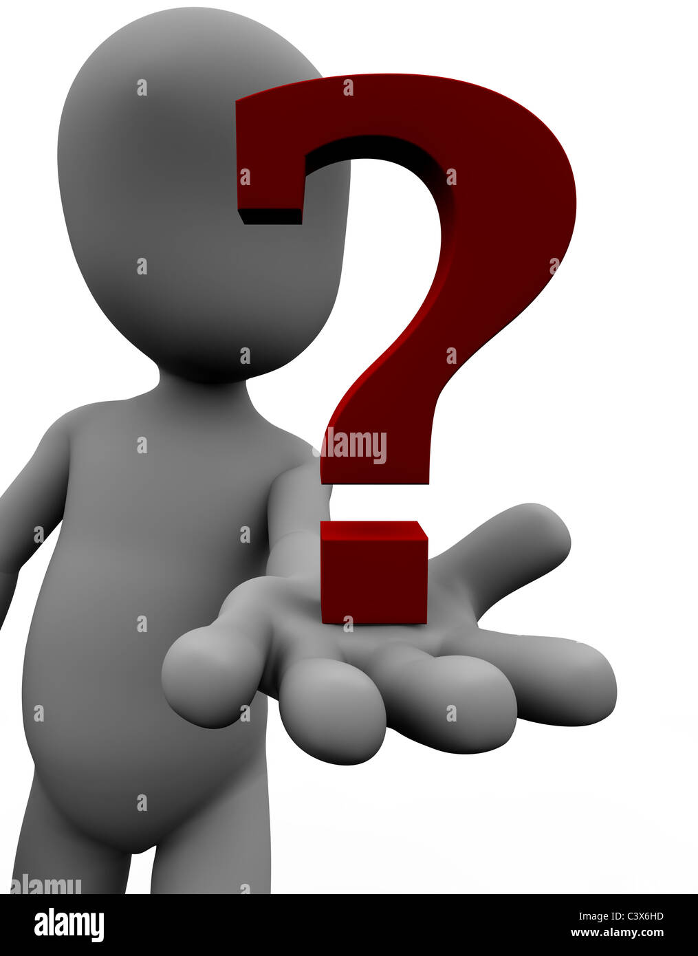 Figure with questionmark on hand to present solutions Stock Photo - Alamy