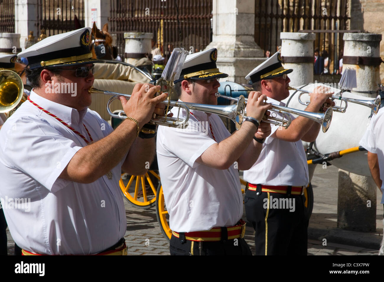 Musicians taking part in a religious procession, Seville, Andalusia ...