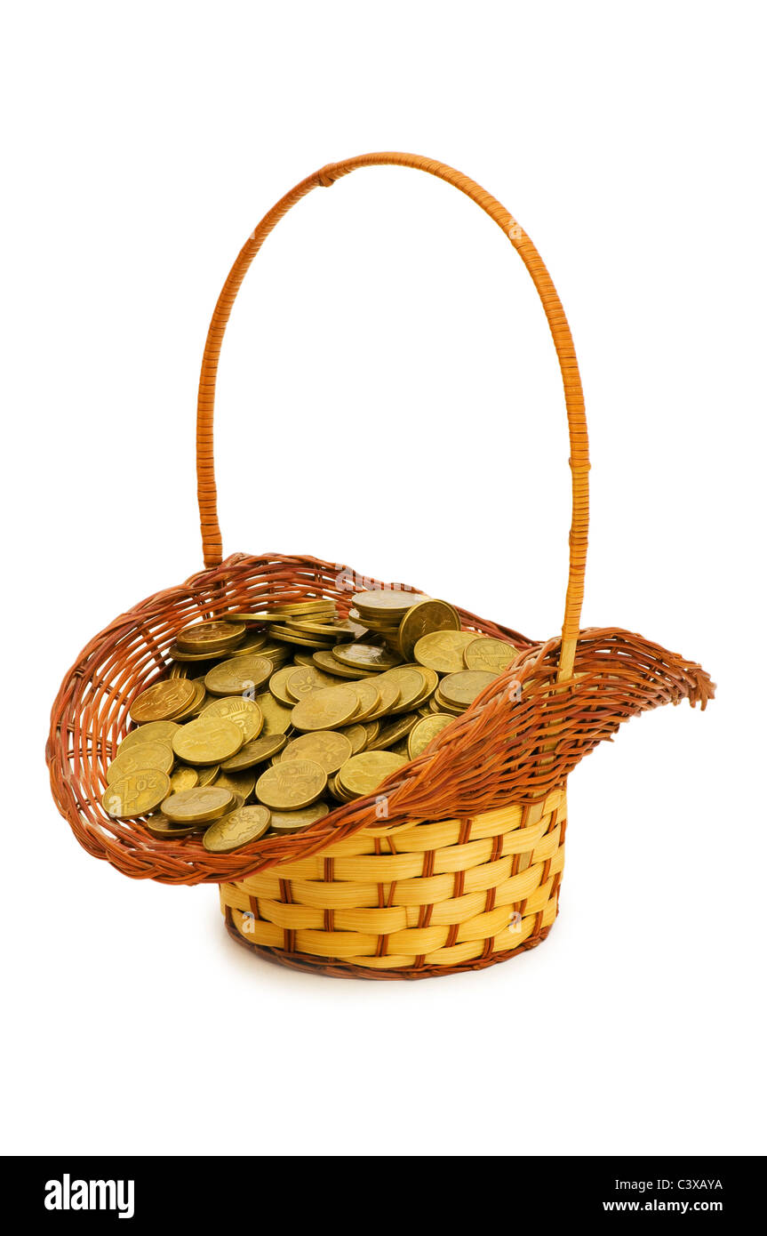 Basket full of coins isolated on white Stock Photo - Alamy