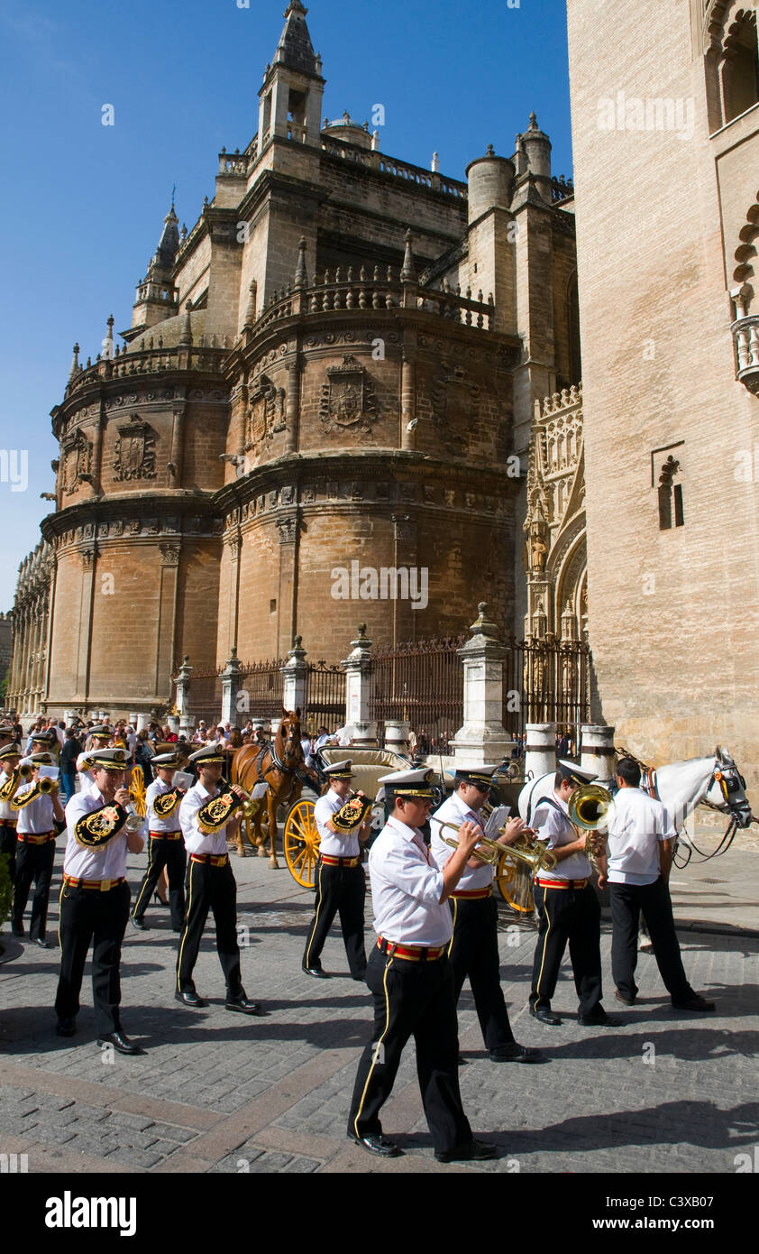 Musicians taking part in a religious procession, Seville, Andalusia ...