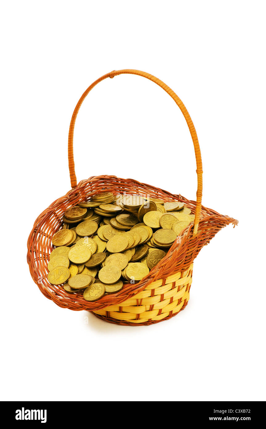 Basket full of coins isolated on white Stock Photo - Alamy