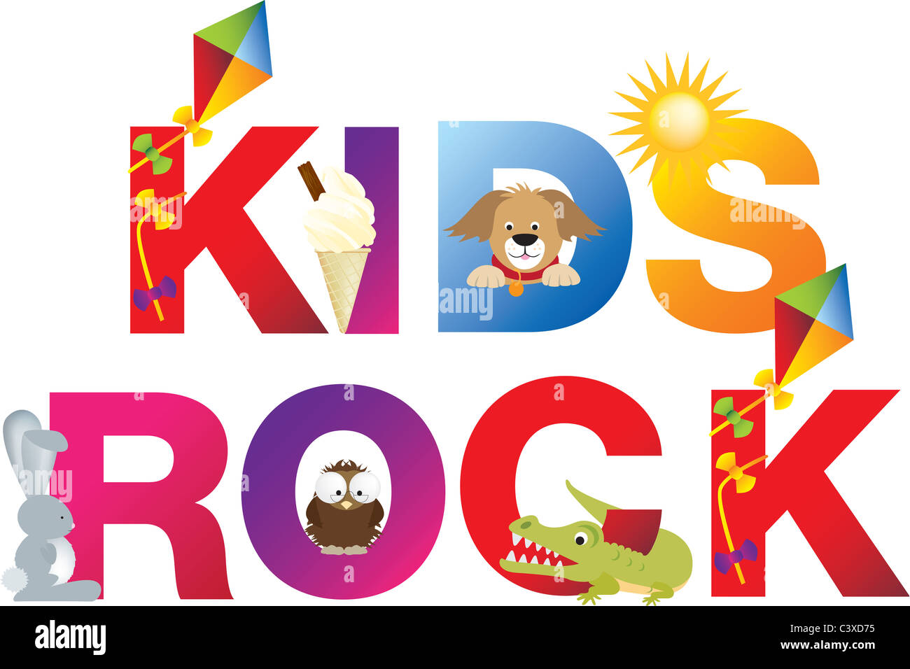 The word kids rock made up from alphabet cartoon letters with matching ...