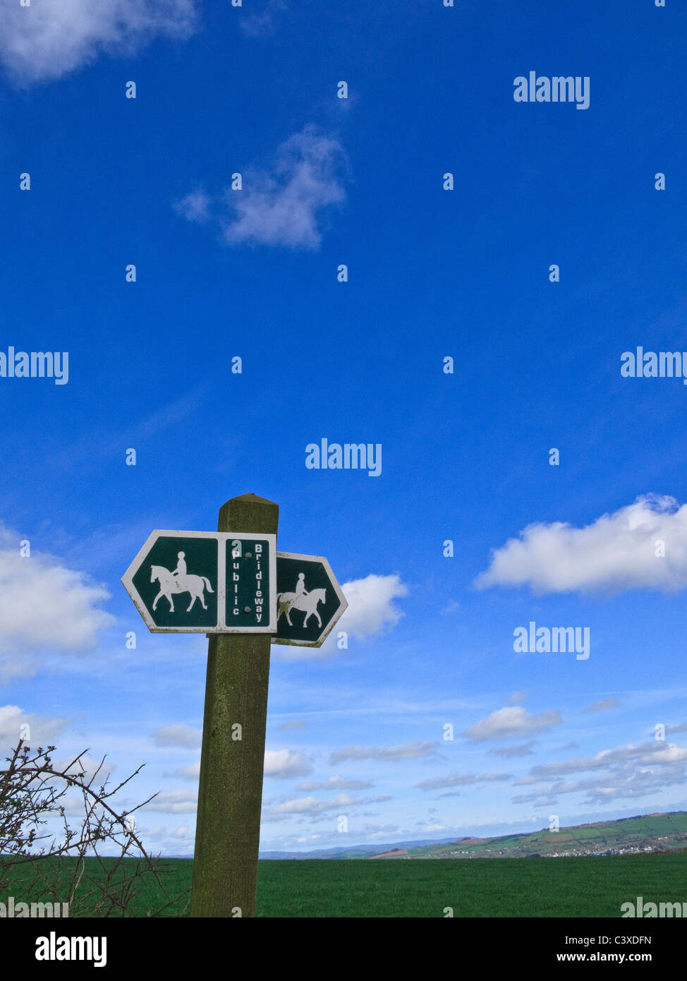 Portrait photo of Public Bridleway sign in the countryside with blue ...