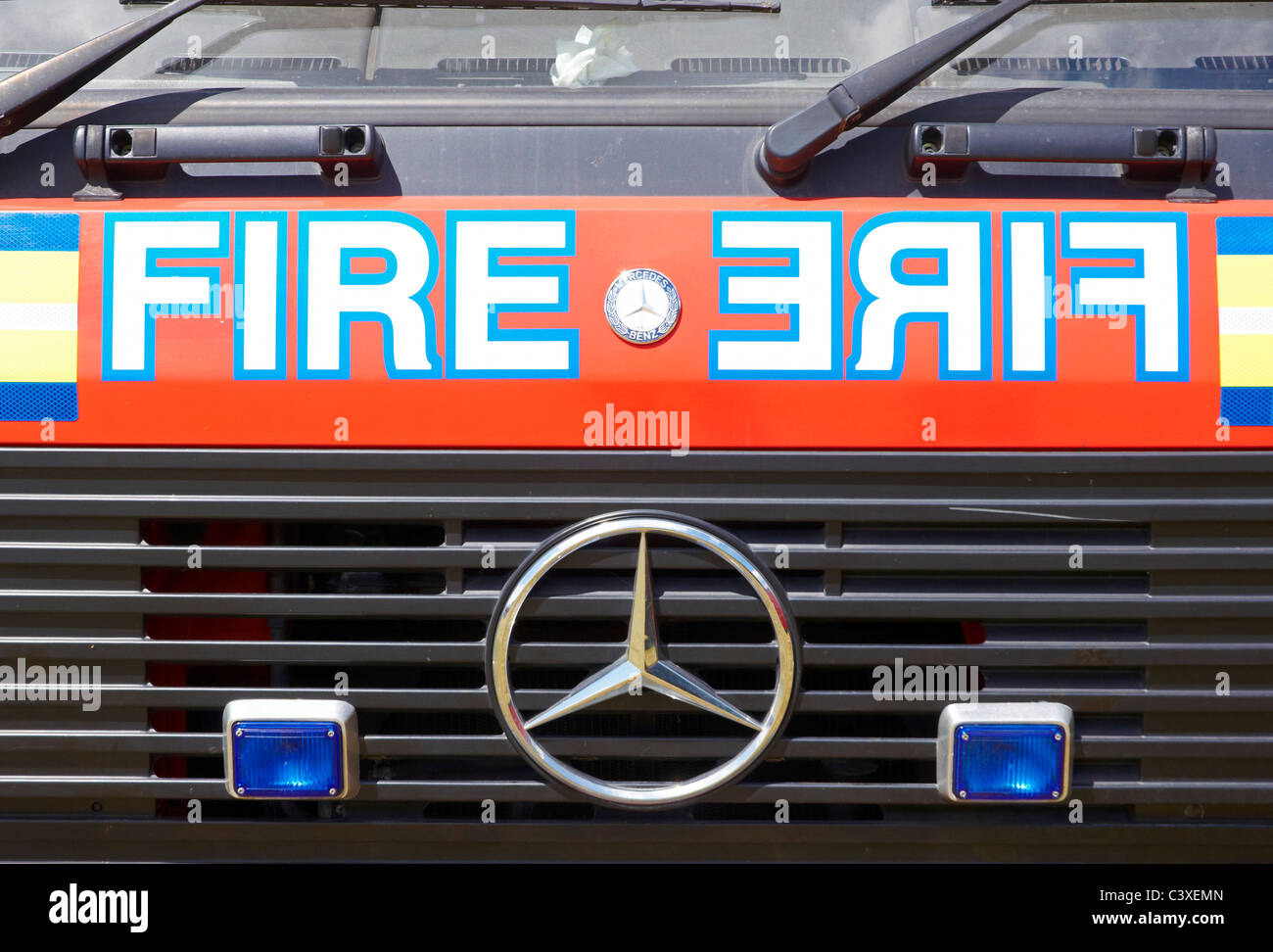 British fire engine from the 1990's showing warning flashes on the ...