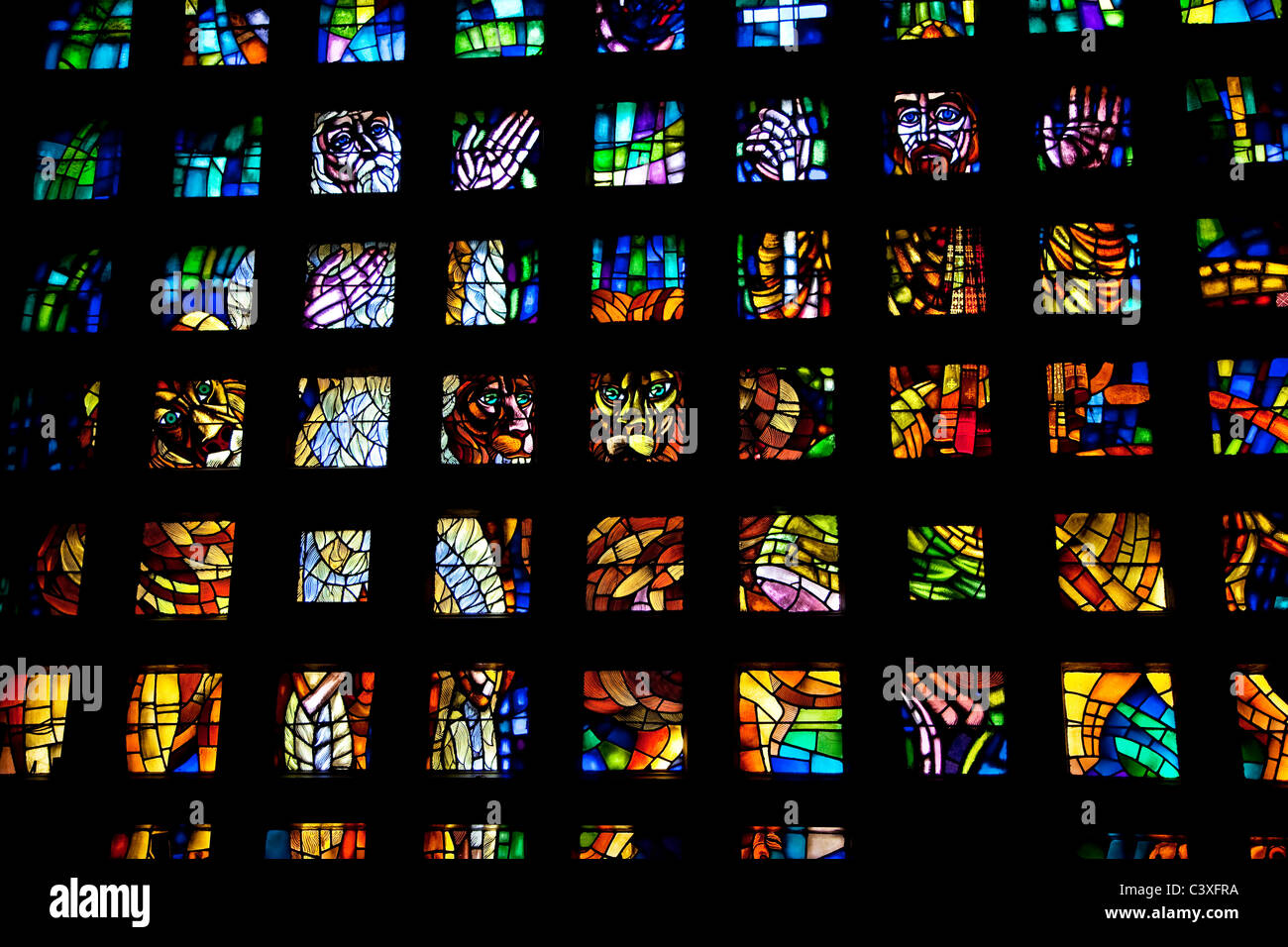 Stained glass window and interior of church in Debre Libanos, Ethiopia ...