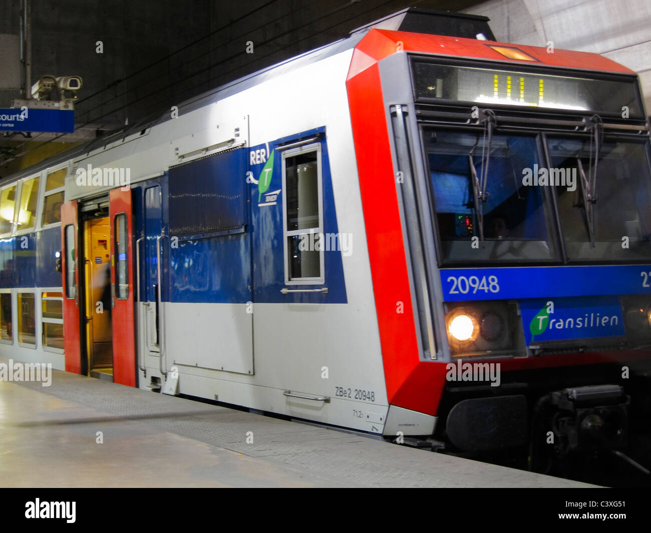 Paris, France, People Boarding Suburb Train, Paris Metro, RER SNCF ...