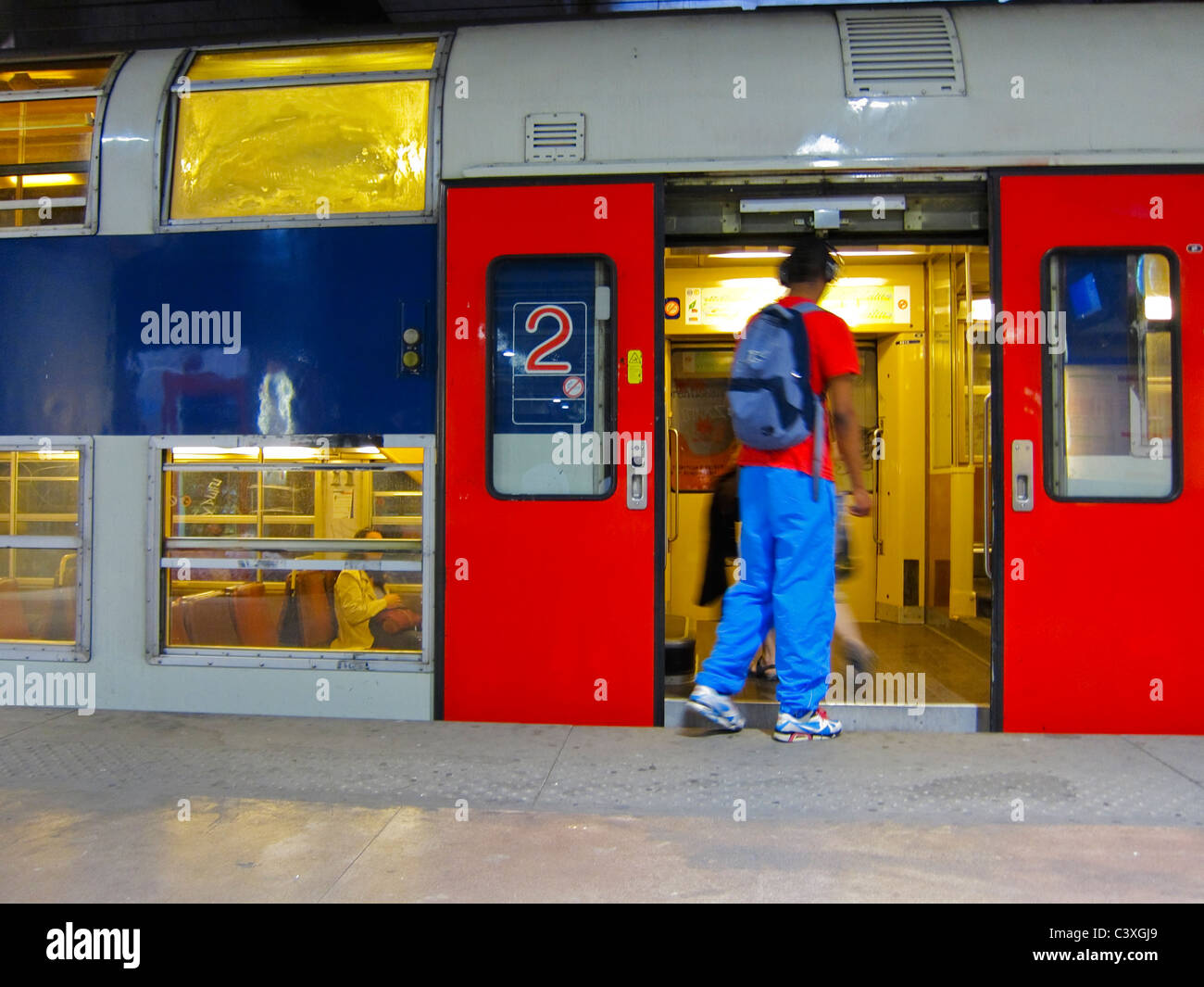 Paris, France, People Boarding Suburb Train, Paris Metro, RER SNCF ...