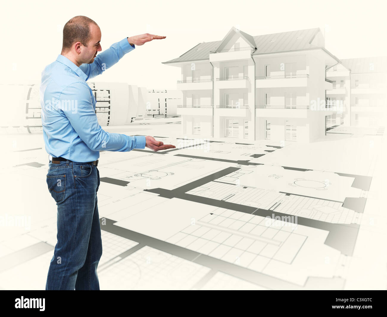 standing caucasian man and 3d blueprint house Stock Photo - Alamy