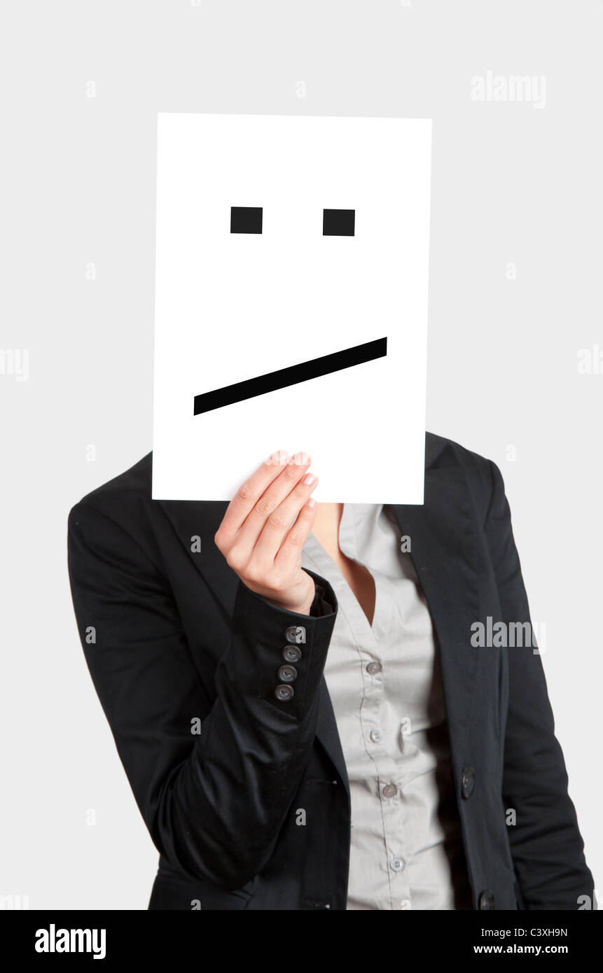 Woman showing a blank paper with a disappointed emotion in front of her ...