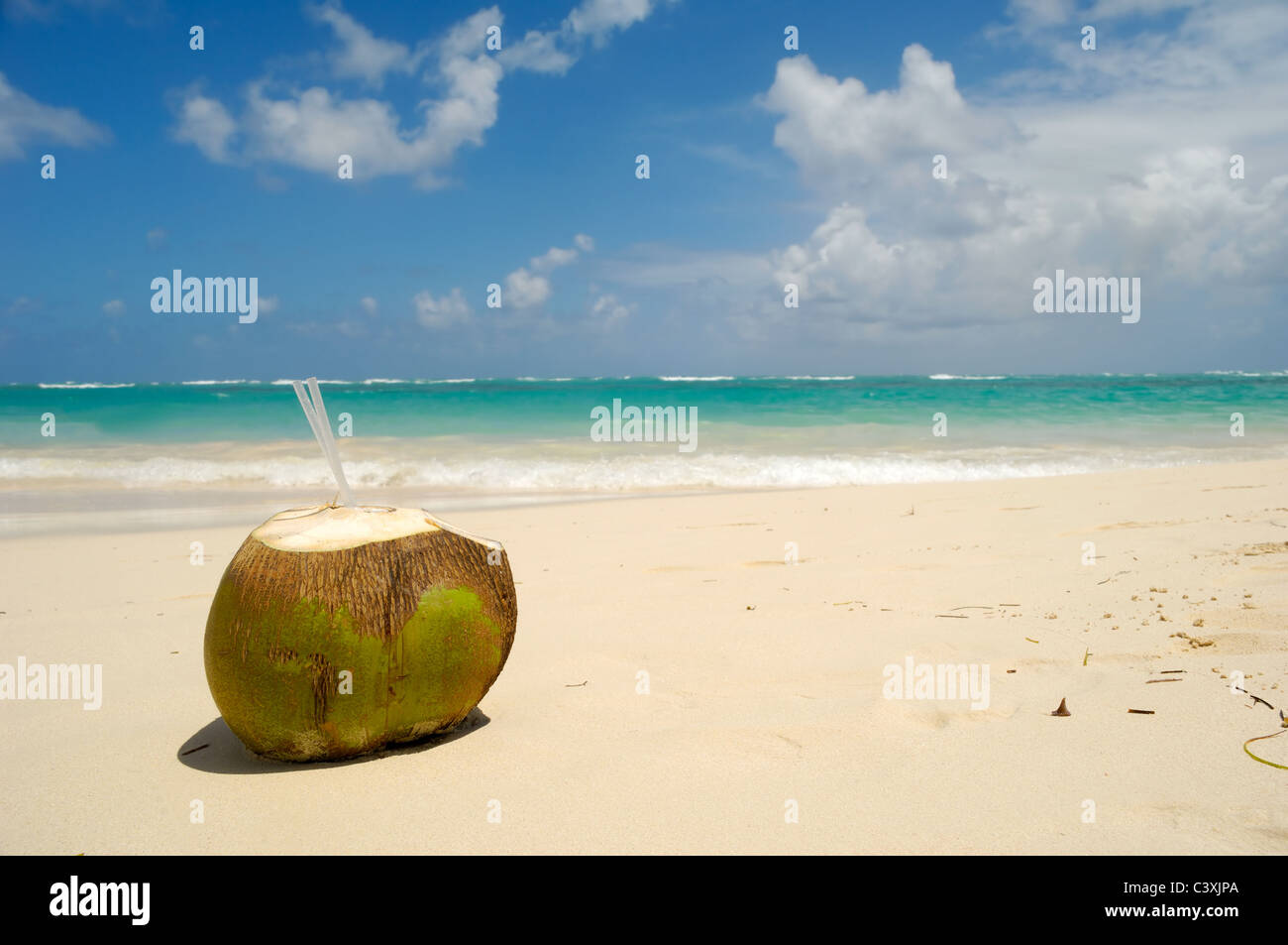 A Coconut drink on exotic beach at the Dominican Republic Stock Photo ...