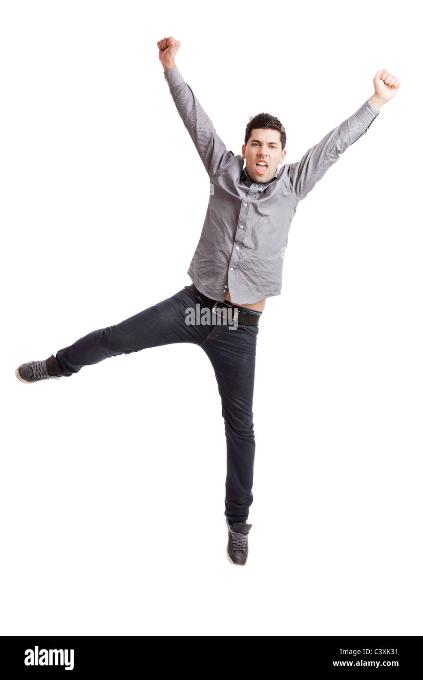 Happy young man with arms up isolated on a white background Stock Photo ...