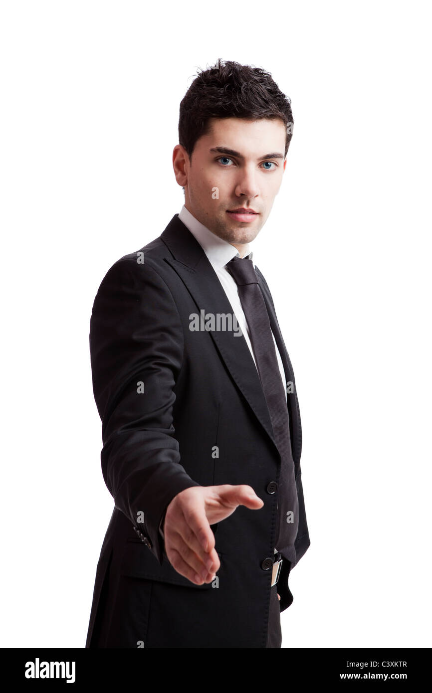 Young businessman giving handshake up isolated over a white background ...
